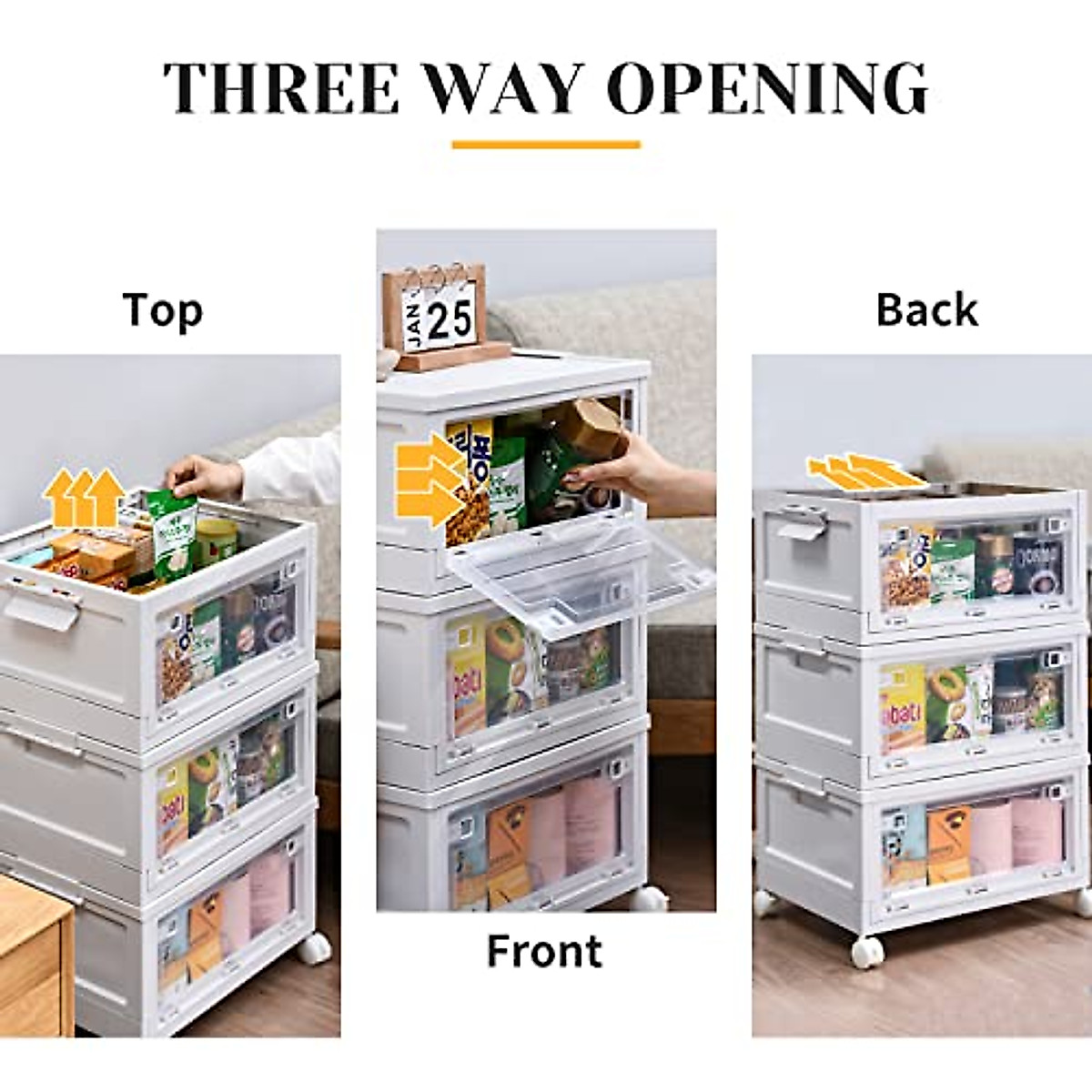 DINVES 12 Gallons Stackable Storage Bins with Attachable Wheels, 3 Pack Folding Storage Bins with Lid, Collapsible Storage Boxes, Plastic Storage Containers for Toys, Towels and Snacks