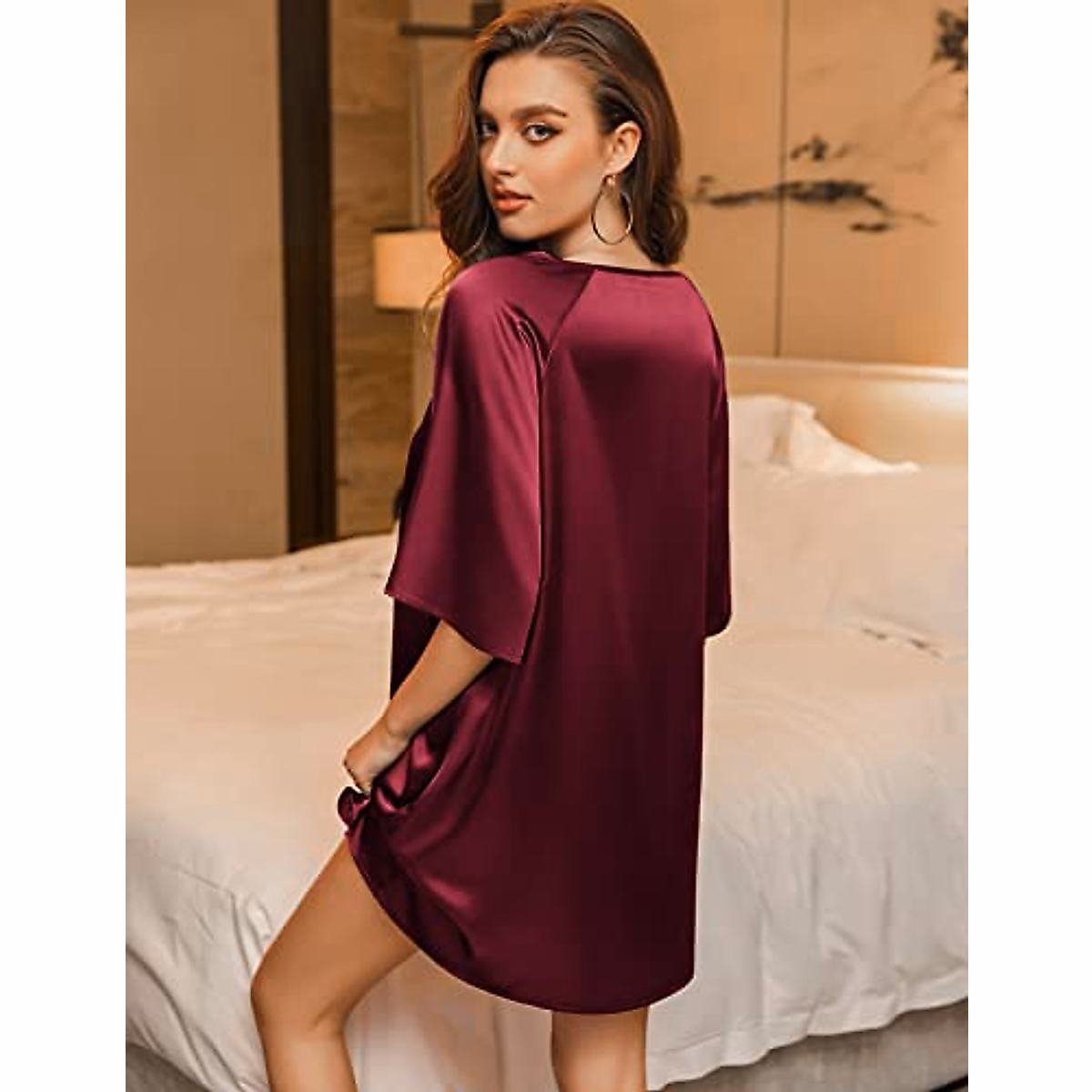 eshion Women's Satin Nightgowns V Neck Sleepshirt Short Sleeves Sleepwear Silk Nightshirt Wine Red X-Large