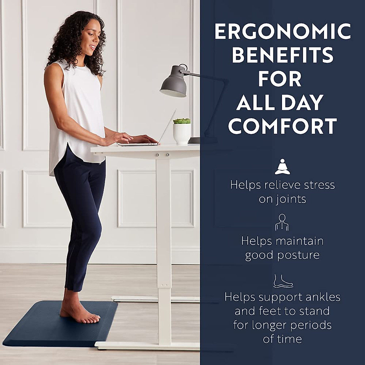 Kangaroo Anti Fatigue Cushion Mat and Chenille Bath Rug, Antifatigue Mat Size 32x20, Foam Pad Relieves Pressure, Bath Rug Size 36x24, Machine Washable, Both in Navy, 2 Item Bundle