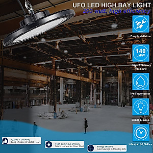 200W LED High Bay Lights, UFO LED High Bay Light, 28,000 LM(Eqv.800W MH/HPS), 5000K Daylight, IP65, 5ft Cable with US Plug, Safe Rope for Garage/Warehouse/Workshop - Pack of 1