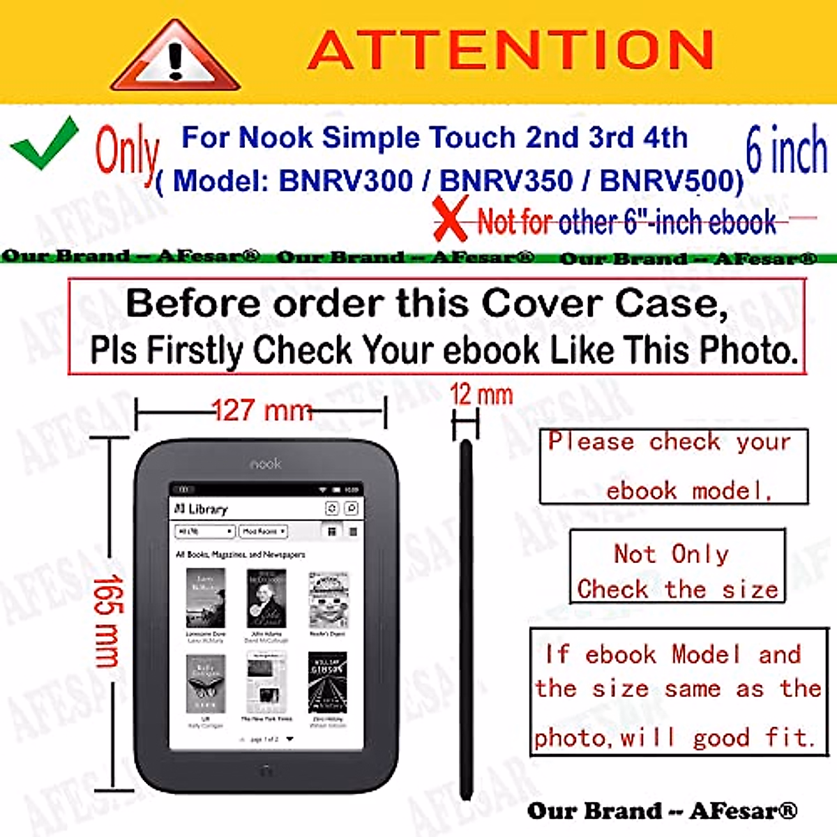 Kuesn Barnes & Noble Nook Simple Touch eBook Reader Case, Flip Leather Cover for 6 Inch Nook Model BNRV300 BNRV350 BNRV500 Heavy Duty Protection Case (Brown)