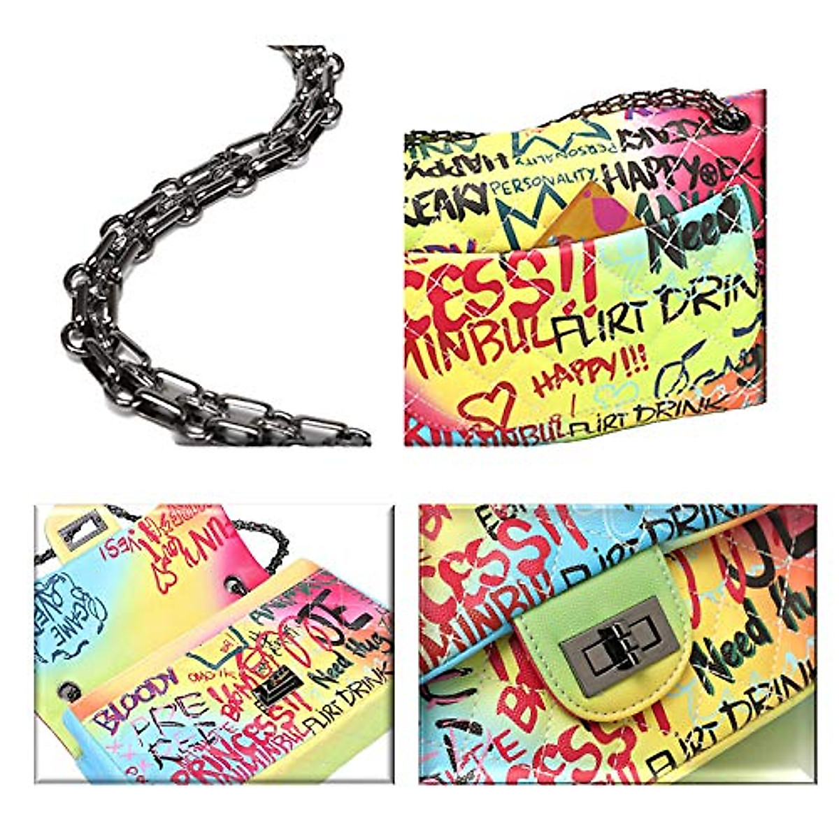 Wxnow Small Crossbody Bags for Women & Girls Handbags Satchels for Teen Girls Shoulder Bags Purses for Ladies with Chain Strap Yellow Graffiti