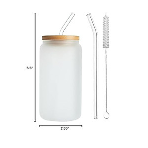 Fiera 16oz Drinking Glassware with Bamboo Lid and Reuasable Straw, Iced Coffee cup, Juice glassware, Cocktail Cup (1 PC) (Frosted)
