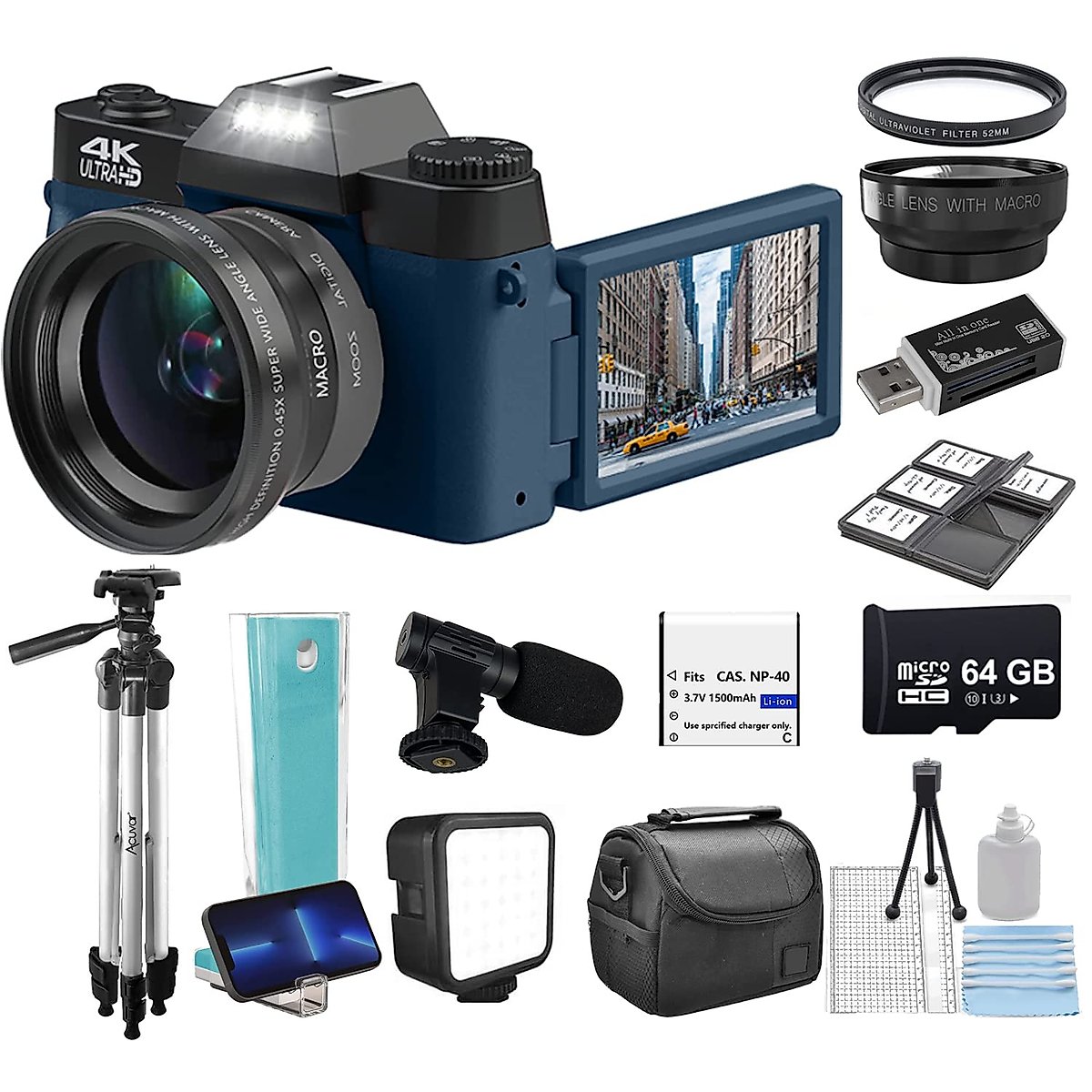 eDealz 4K 48MP Digital Camera Kit for Photography, Vlogging Camera YouTube with Flip Screen, WiFi, Wide Angle & Macro Lens, 64GB Micro SD Card, 50" Tripod, Case, Card Reader, Microphone, LED (Navy)