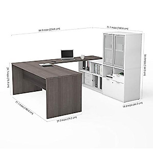Bestar i3 Plus U-Shaped Executive Desk with Frosted Glass Doors Hutch, 72W, Bark Grey & White