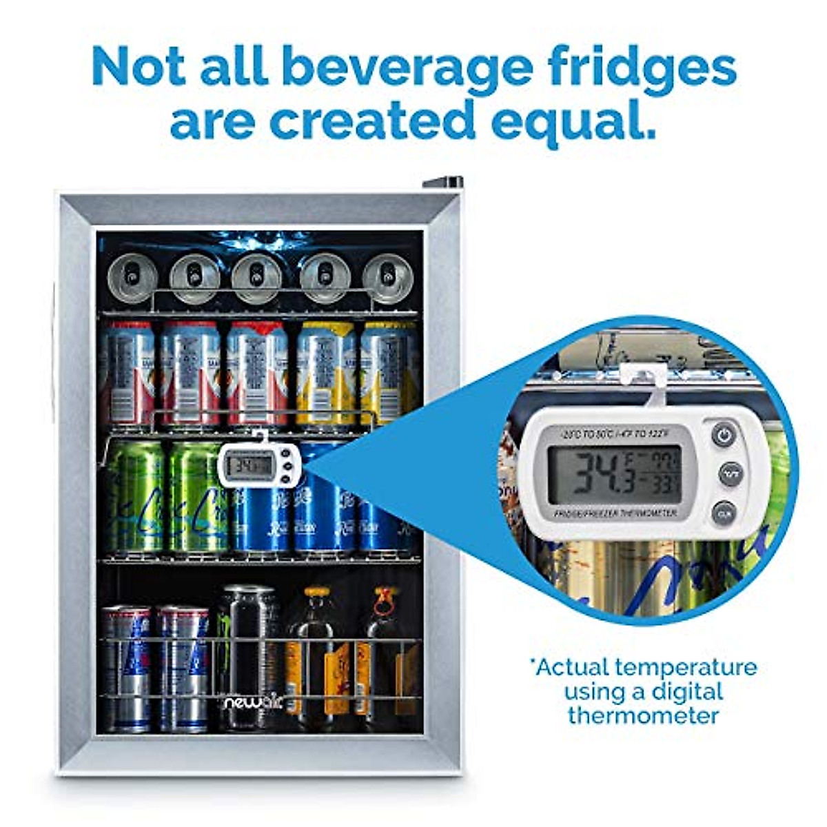 NewAir Beverage Refrigerator Cooler with 90 Can Capacity - Mini Bar Beer Fridge with Right Hinge Glass Door - Cools to 34F - AB-850 - Stainless Steel (Renewed)