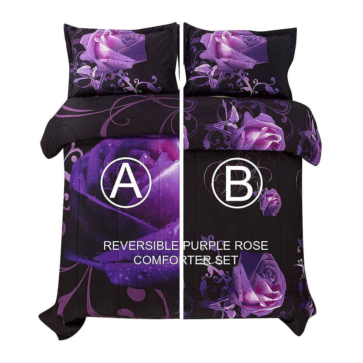 Purple Rose Comfortter Set Queen and Sheet Set for Queen Bed, 3 Piece Fluffy Down Alternative Duvet Set Matching with 4 Piece Bedding Sheet Set. All Season Bedding Set Queen