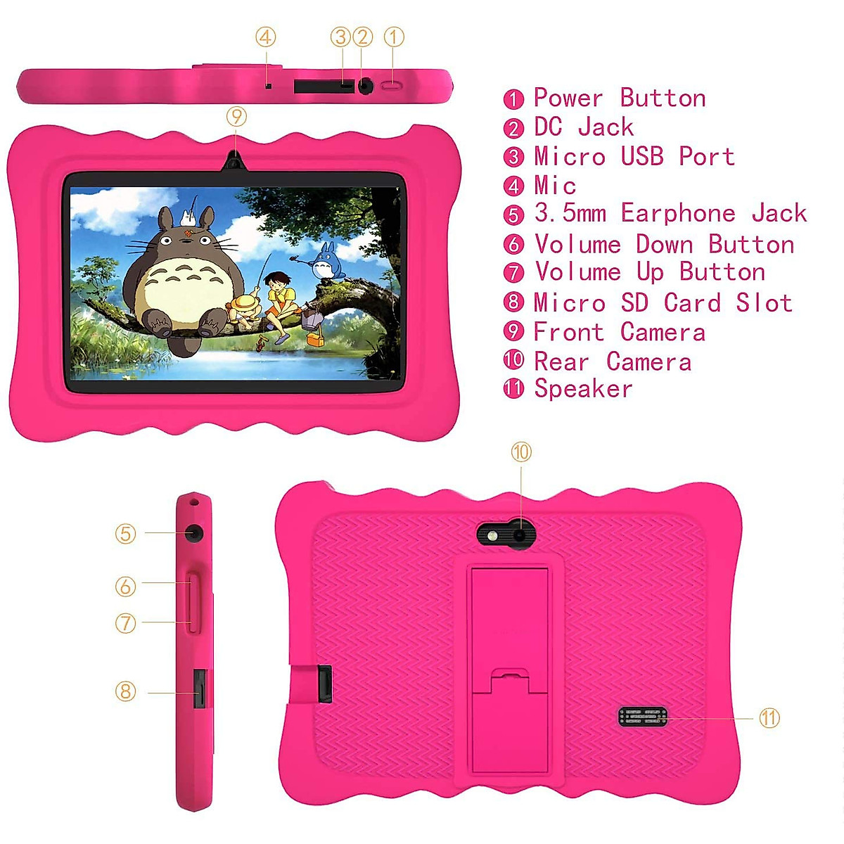 WECOOL Kids Tablet 7 inch Android, Quad Core Processor, 2GB RAM+16GB ROM, Educationl, Games, WiFi, Bluetooth, Dual Camera, IPS HD Display, Kid-Proof Case- Pink