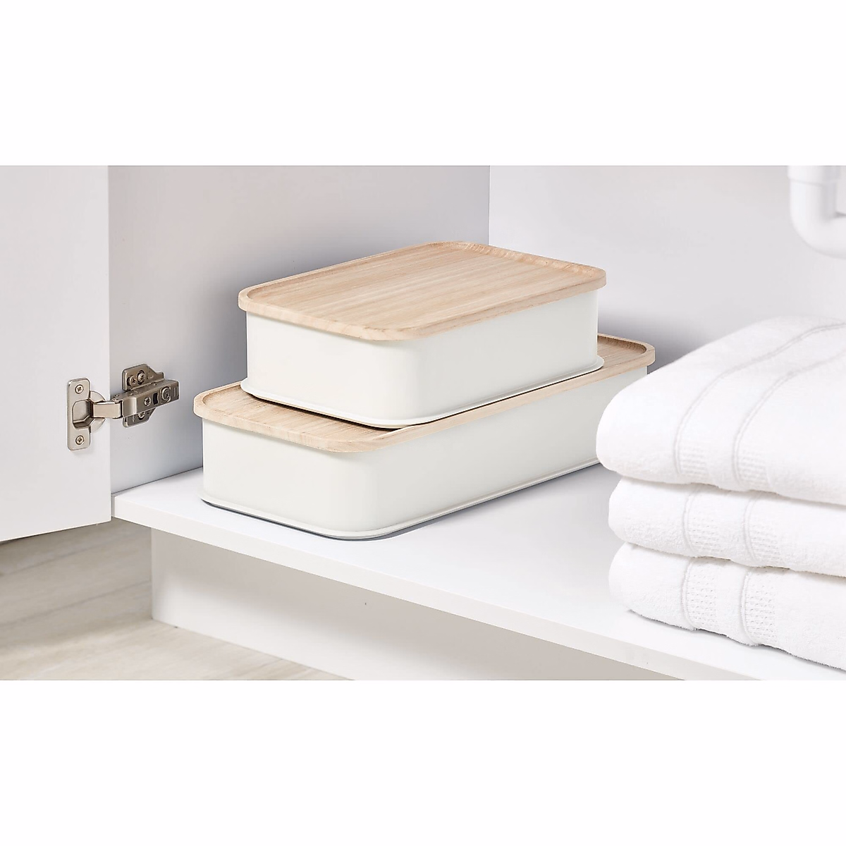 iDesign Recycled Plastic Medium Storage Bin with Paulownia Wood Lid, 8.4" x 16.9" x 3", Coconut