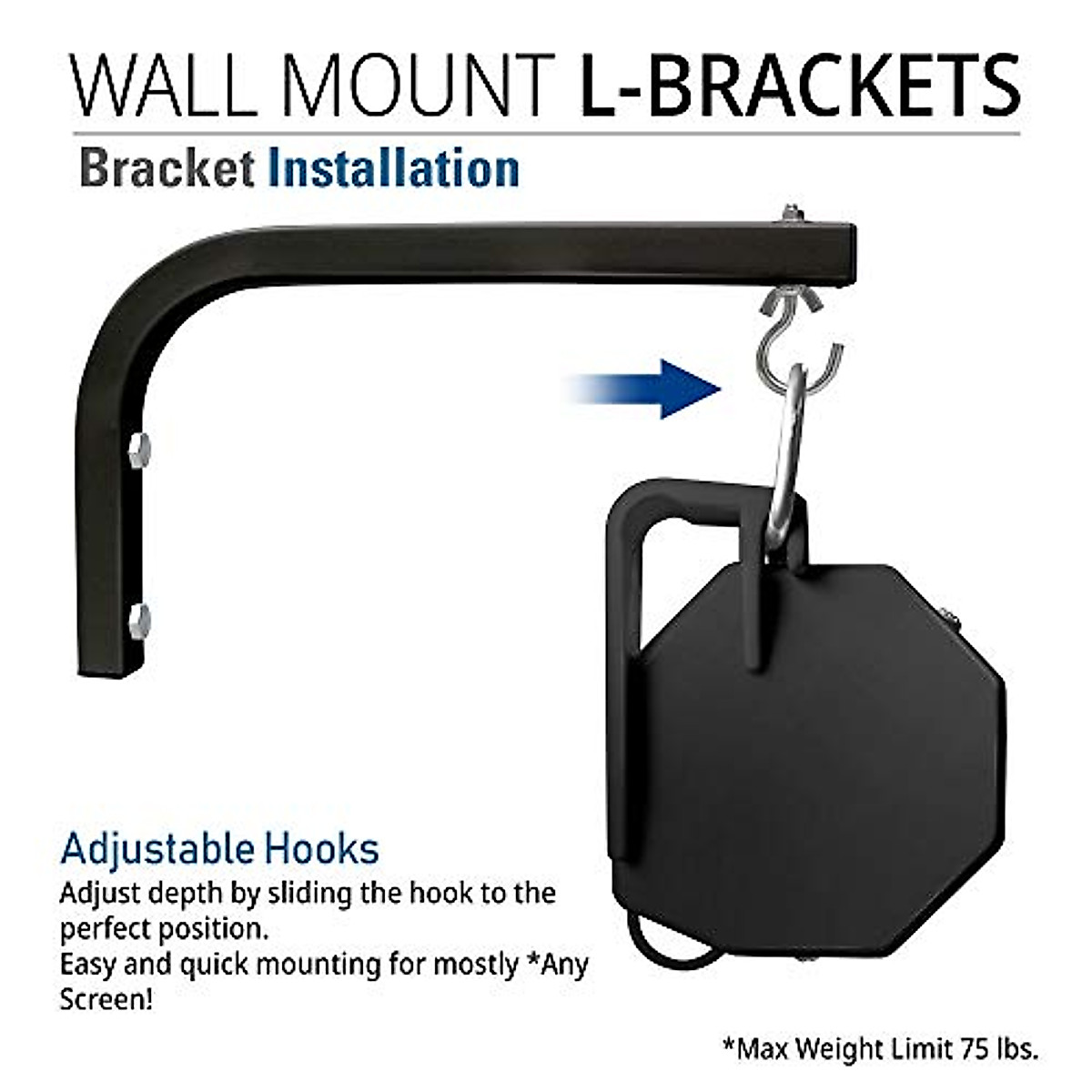 Akia Screens 10 inch Universal Projector Screen L-Bracket Wall Hanging Mount Kit 10" Adjustable Extension with Hook for Projector Screen Indoor Outdoor Movie Video Home Theater, Black, AK-ZLB10B