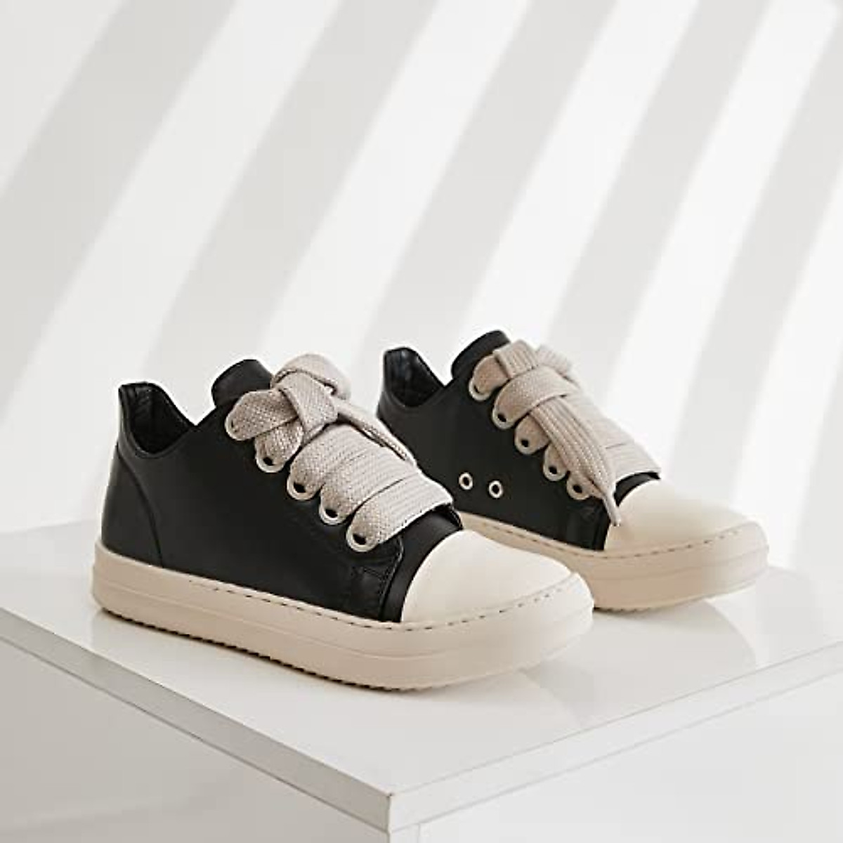 NIYAOSM Women's Low Top Sneaker Comfort Casual Lace Up Walking Canvas/PU Sneaker for Women Fashion Sneaker with Zipper PU Black Size 9.5