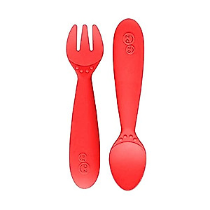 ezpz Mini Collection Set (Coral) - 100% Silicone Cup, Fork, Spoon & Mini Mat Suction Plate with Built-in Placemat for Infants + Toddlers - First Foods + Self-Feeding - 12 Months+