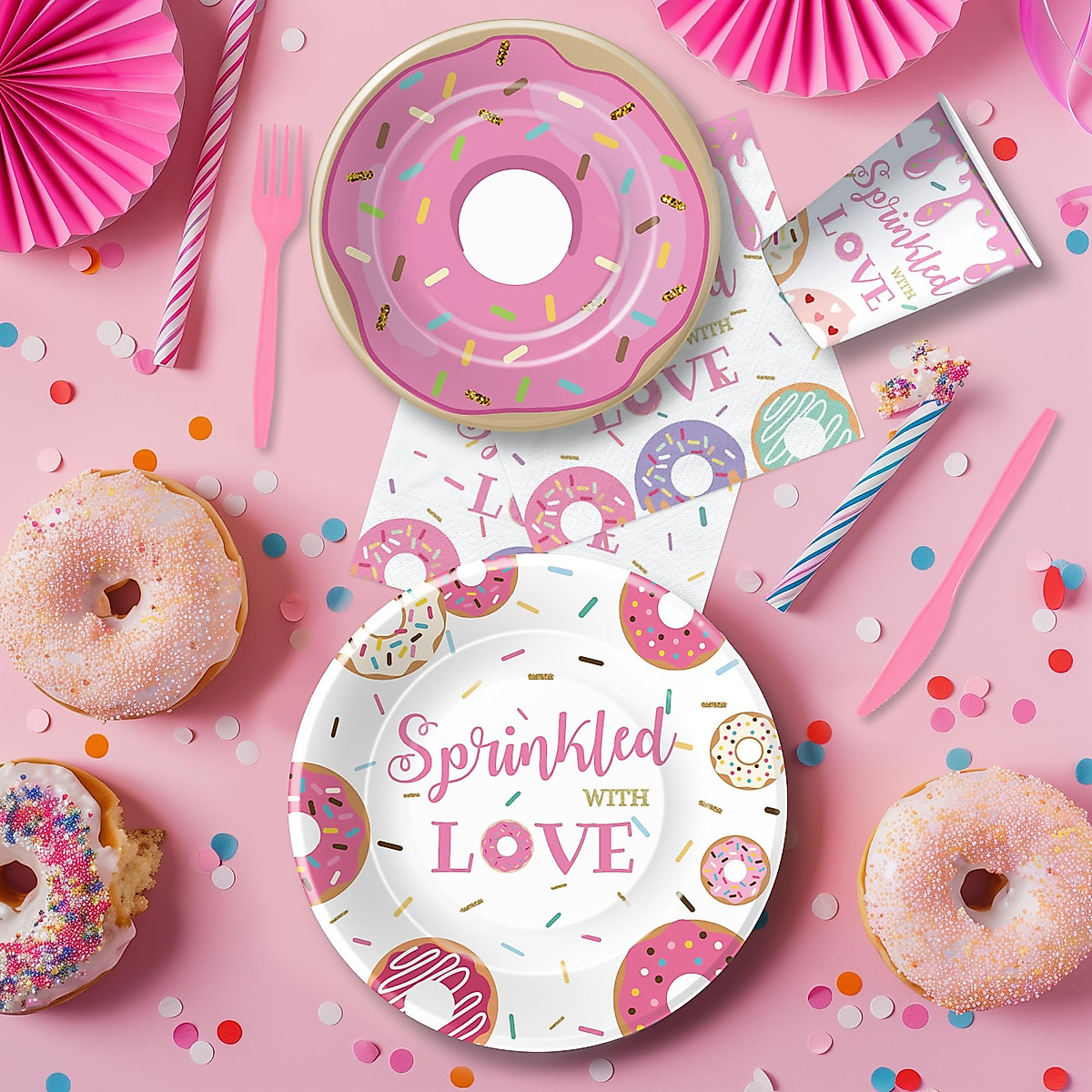 Suhelkit Donut Baby Sprinkle Decorations Tableware Girl - Sprinkled with Love Baby Shower Party Supplies, Paper Plate, Napkin, Cup, Tablecloth, Cutlery, Pink Donut Baby Shower Decorations | 24 Guests