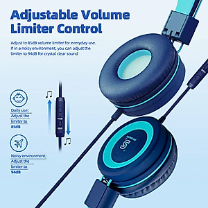 Kids Headphones Wired, Wired Headphones with Microphone, Volume Limiter 85/94dB, 3.5mm Jack for iPad/Kindle/Fire/Girls/Boys/School/Travel - Navy Blue