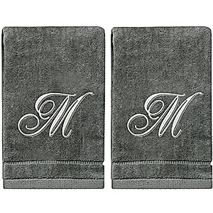 Personalized Initial Fingertip Towels - 2 Pack 11 x 18 Inches - Silver Embroidery On Gray Towel, Modern Monogrammed Towels, Great Initial Gift for Women, Teachers, Friends, Bridesmaids Initial M