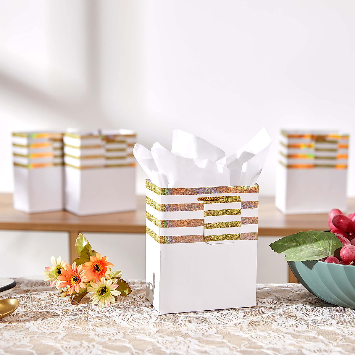 SUNCOLOR 12 Pack 6" Small Gift Bags (Gold Stripe)