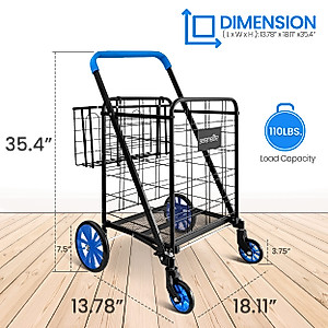 SereneLife Shopping Supermarket Cart with 360 Rolling Swivel Wheels, Collapsible Design, Double Basket Compartment, Heavy Duty Shopping Cart, Utility Cart for Grocery, Laundry, Luggage, Blue: