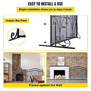 VEVOR Fireplace Screen, 39 x 31 Inch, Double Door Iron Freestanding Spark Guard with Support, Metal Mesh Craft, Broom Tong Shovel Poker Included for Fireplace Decoration & Protection, Black