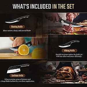 Huusk Knives Set, Serbian Chef Knife Set with Bag, Japanese Kitchen Knife Set, Hand Forged High Carbon Steel Knife Set, Full Tang Knife Set with Ebony Handle, Butcher Knife Set for Dad, Ideal Gif