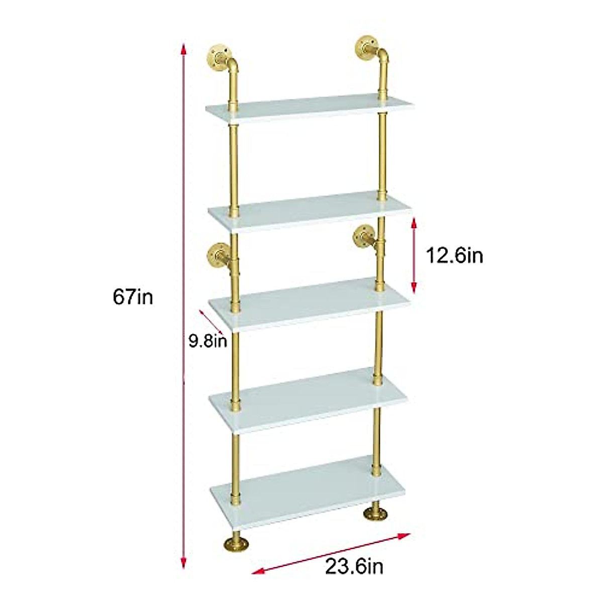 HEONITURE 5 Shelf Modern Gold Bookshelf, Wall Mount White Bookcase, Ladder Shelf with Metal Frame, Display Shelf Shelves for Living Room/Home/Office