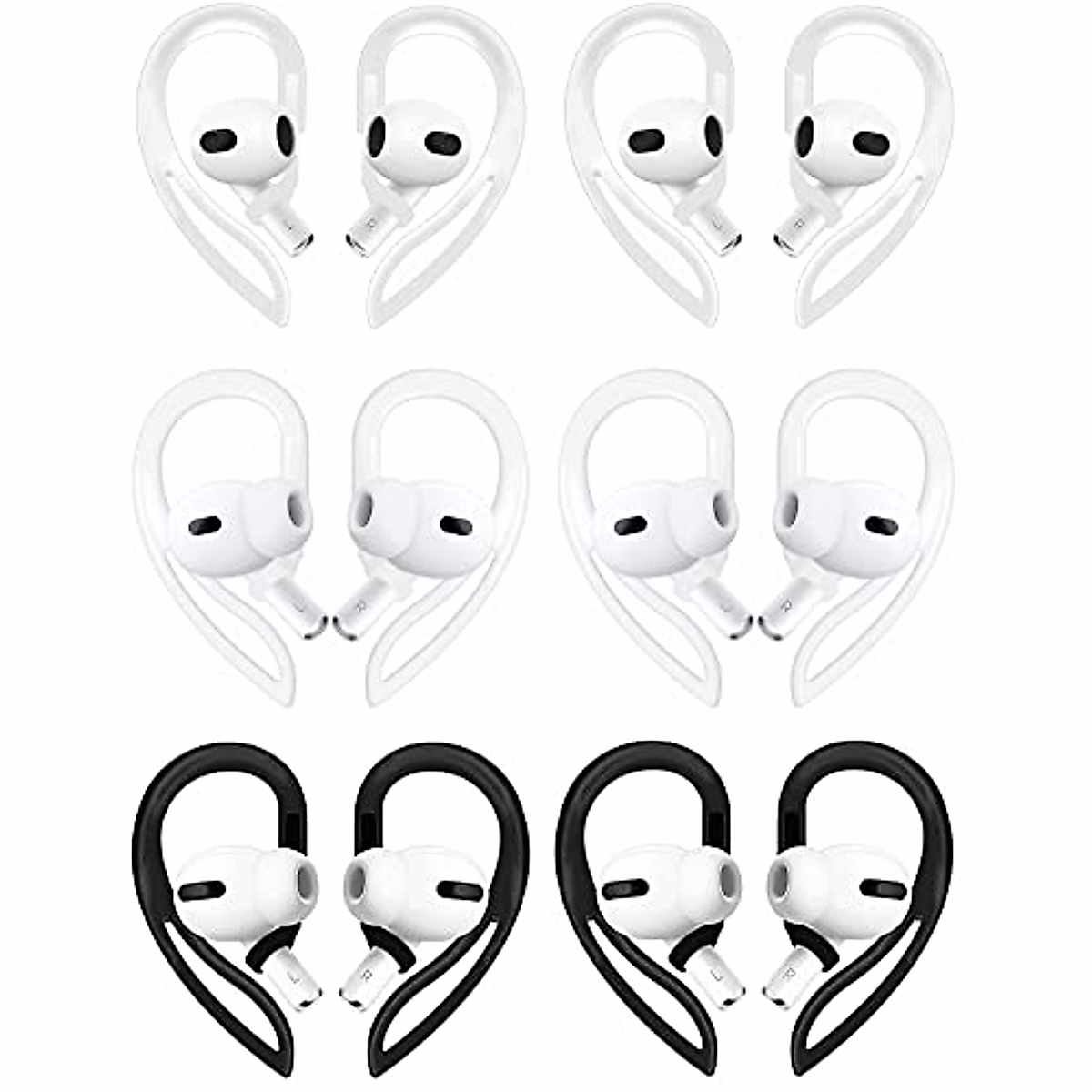 ALXCD Ear Hooks Compatible with AirPods Pro 2 & AirPods, 6 Pairs Adjustable Over-ear Soft TPU Ear hook [Anti Slip][Anti Lost], Compatible with AirPods Pro 2 AirPods3 All Generations, Black White Clear