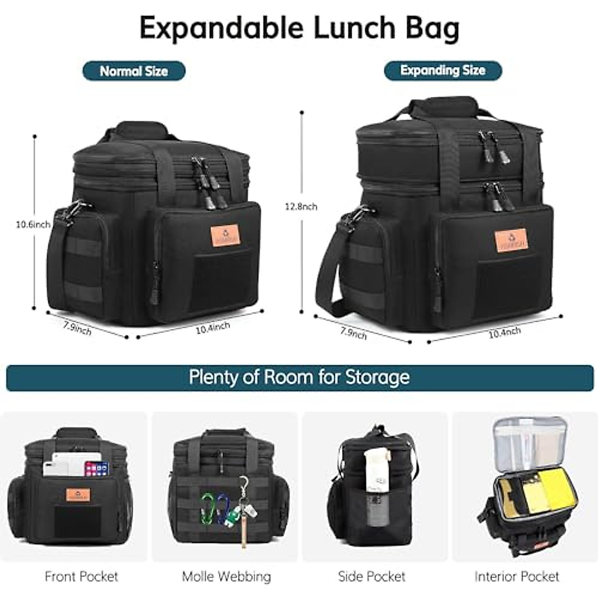 HSHRISH Insulated Lunch Box Cooler Bag Tactical - Expandable Lunchbox for Men - Large Lunch Pail Lunch Kit for Adults Work Outdoor Shift Trip Black 15L