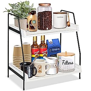 Megsooul Coffee Bar Accessories and Organizer Countertop, Coffee Station Organizer 2 Tier Kitchen Counter Shelf Organizer,Coffee Condiment Storage,Cup Lid Holder Countertop Shelf for Bathroom(White