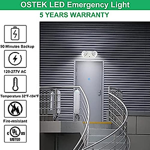 LED Emergency Exit Light with 2 Adjustable Head Flood Lights, OSTEK Emergency Lights for Business, 90min Backup Battery, Fire Resistant 120-277V (UL 94V-0) (1pack)