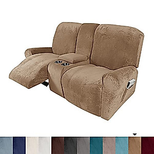 cjc Reclining Loveseat with Middle Console Slipcover, 8-Piece Velvet Stretch Loveseat Reclining Sofa Covers, 2 seat Loveseat Recliner Cover, Thick, Soft, Washable, Loveseat Slipcovers(Taupe)