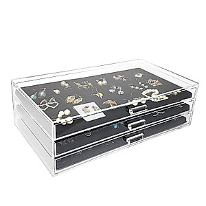 Ikee Design Large Premium Acrylic Jewelry Organizers with 3 Drawers, Acrylic Jewelry Box, Jewelry Display Organizer, Ideal for Vanity,Bathroom,Desktop,14.5 W x 8.25 D x 4.5 H in, with Black Padding