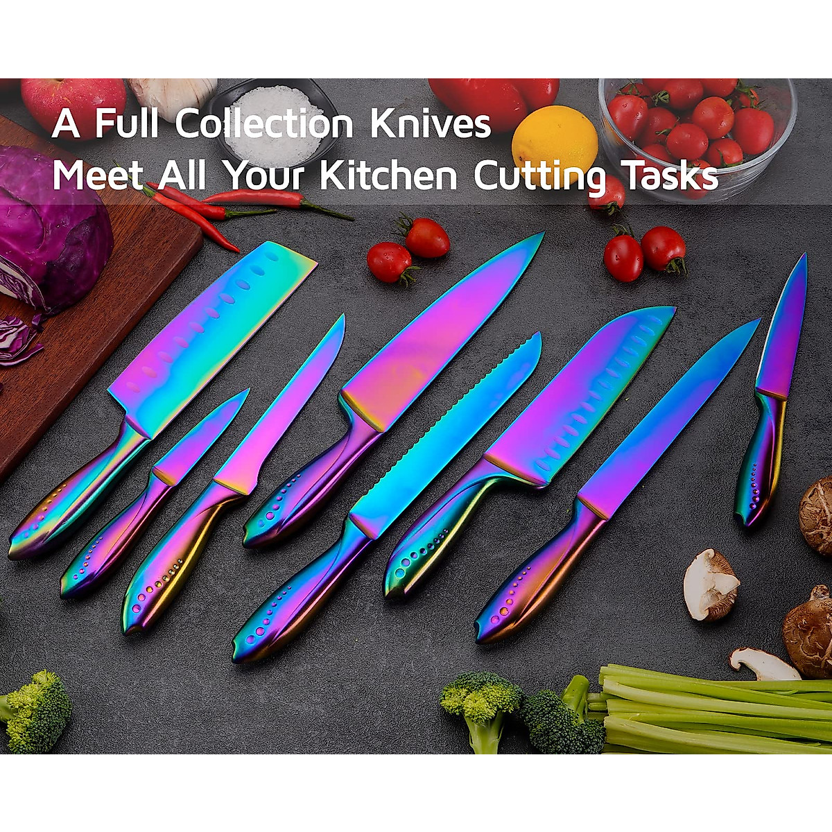 WELLSTAR Rainbow Knife Set 16 Pieces with 8 Knives and 8 Blade Guards, Iridescent German Stainless Steel Kitchen Knives with Durable Sheath Cover, Colorful Titanium Coated Chef’s Cooking Knife Set