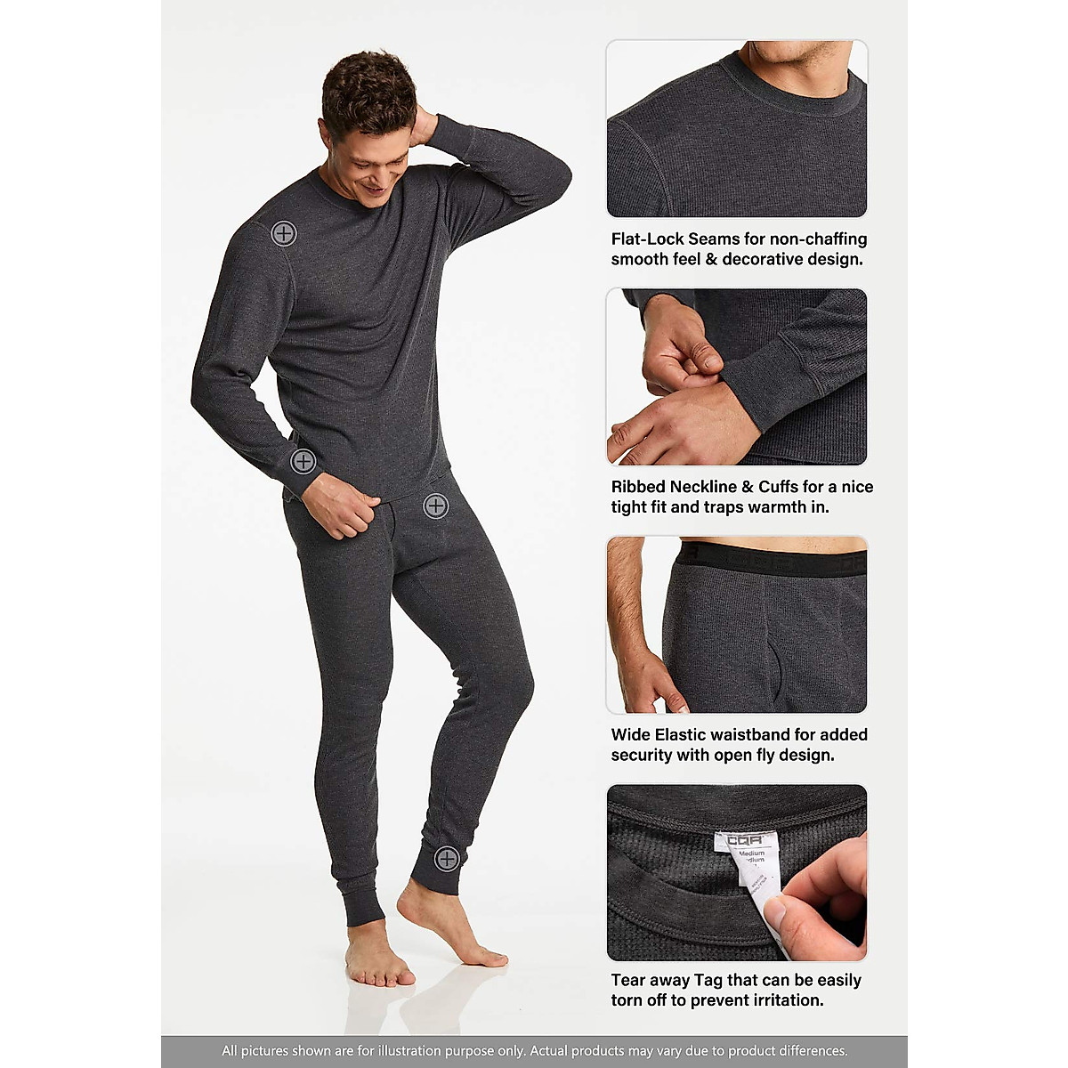 CQR Men's Thermal Underwear Set, Midweight Waffle Knit Thermal Top and Bottom, Winter Cold Weather Long Johns with Fly, Outdoor Black, X-Large