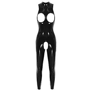 easyforever Women Sexy Hollow Out Bodysuit Lingerie Clubwear Patent Leather Invisible Zipper Latex Catsuit Black Small