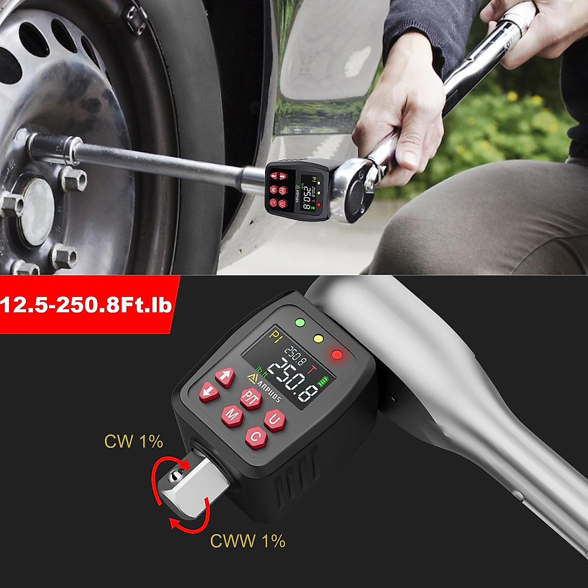 ANPUDS 1/2" Digital Torque Adapter, 12.5-250.8 Ft-lb/17-340 Nm, Digital Torque Wrench Converter with ±1% Accuracy, Preset Value, Data Storage, Buzzer & LED Indicators, 3/8'' & 1/4'' Adapters for Car