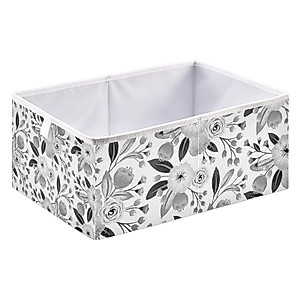 Poeticcity Black Grey Floral Flowers on White Square Storage Basket Bin, Collapsible Storage Box, Foldable Nursery Baskets Organizer for Toy, Clothes Easy to Assemble
