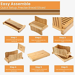 Deen Dynamics Premium Bamboo Bread Slicer for Homemade Bread, Bread Slicer with 3 Slice Thickness, Foldable bread slicer with Stainless steel knife and Compact Chopping Cutting Guide with Crumb Tray