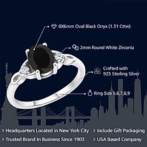 Gem Stone King 925 Sterling Silver Black Onyx 3 Stone Ring For Women | 1.31 Cttw | Gemstone December Birthstone | Oval 8X6MM | Available In Size 5, 6, 7, 8, 9