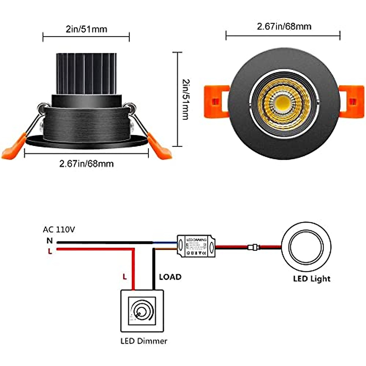 inShareplus 2 Inch LED Downlight, 3W Recessed Lighting 220LM COB Dimmable, 3000K Warm White, CRI80, Black Trim, LED Ceiling Lights with LED Driver, 12 Pack