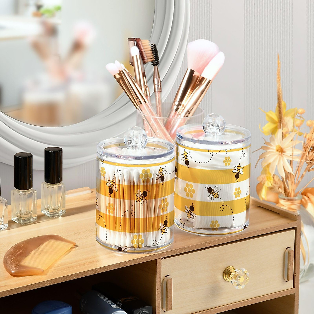 Bee Honey Stripe 2 Pack Qtip Holder Organizer Dispenser Plastic Bathroom Jars Storage Containers with Lids Clear Bathroom Organizer Dispenser for Hair Accessories