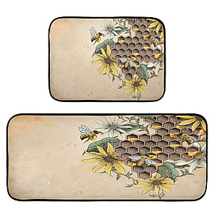 ALAZA Honey Bee Flower Vintage 2 Piece Kitchen Rug Floor Mat Set Runner Rugs Non-Slip for Kitchen Laundry Office 20" x 28" + 20" x 48"