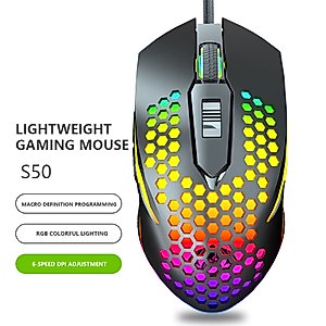 YOUCYYNB Circle Pit S50 RGB Gaming Mouse with Lightweight Honeycomb Shell, Adjusted 6400DPI, 6 Programmable Buttons (White)