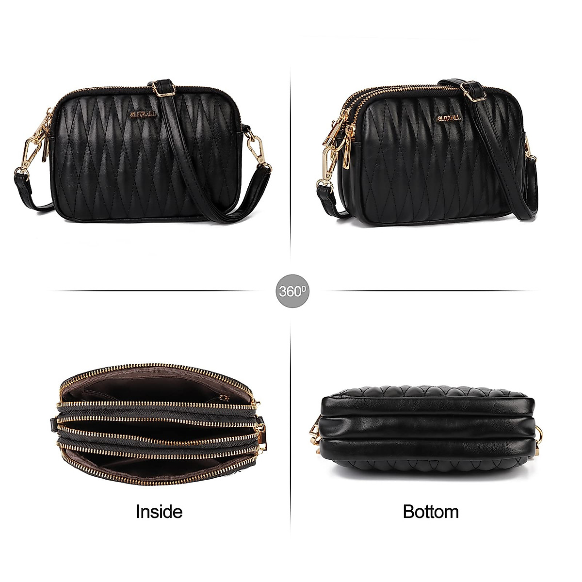 Triple Zip Small Crossbody Wallet Purse for Women Quilted Cross body Bag with Detachable Strap…