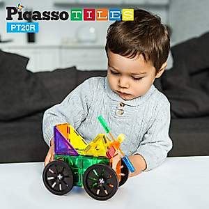 PicassoTiles 20 Piece Magnetic Building Blocks with Detachable Wheels and Windmill Click-in Inserts Magnet Construction Toy Car Set STEM Learning Kit Educational Playset Child Brain Development PT20R