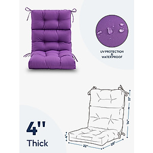 ZEOLABS Outdoor High Back Chair Cushion,Water Resistant Tufted Adirondack Rocking Chair Cushion with Ties,Replacement Seat Cushion for Patio Furniture,Purple
