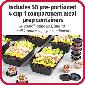 GoodCook Meal Prep 1-Compartment Reusable Food Storage Container Set with 50 Containers, Lids and Condiment Cups, Black