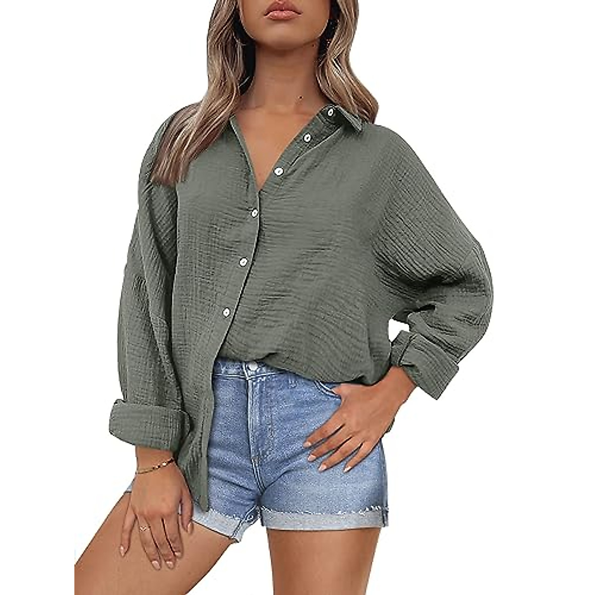 AUTOMET Womens Button Down Shirts Fall Shirts 2023 Shacket Jacket Long Sleeve Oversized Maternity Fashion Teacher Outfits Button Up Work Casual Blouses Tunics Tops Army Green
