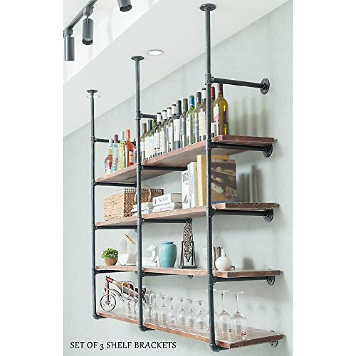 BIXIRAO Industrial Wall Mounted Iron Floating Pipe Shelves/Shelving/Racks/Storage/Bookcases/Brackets, DIY Open Bookshelves/Shelving for Kitchen/Office, Retro Black (5-Tier Shelf Brackets-B)