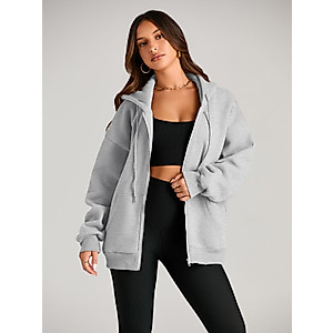 EFAN Women Zip Up Hoodies Oversized Sweatshirt Jacket 2024 Fall Fleece Cute Pullover Hooded Tops Teen Girls Casual Loose Fit Y2k Trendy Fashion Gym Clothes Outfits Grey XS