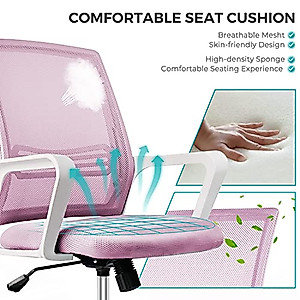 Office Chair Desk Chair Home Office Computer Chair with Wheels Mesh Office Chair with Lumbar Support, Mid Back Ergonomic Office Desk Chair with Armrests Adjustable Work Chairs, Pink