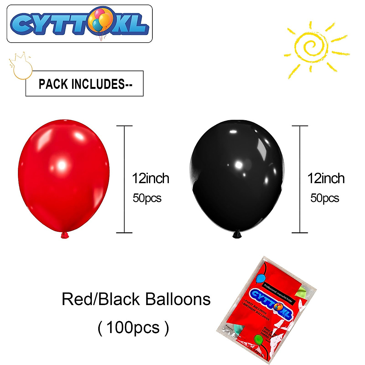 CYTTOKL Red and Black Balloons 12 inch 100 Pack Red Black Latex Helium Balloons for Birthday Wedding Baby Shower Party Decorations
